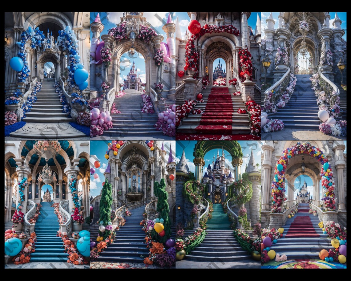 Princess Castle Staircase Backdrop, Palace, Balloons, Portrait Digital ...