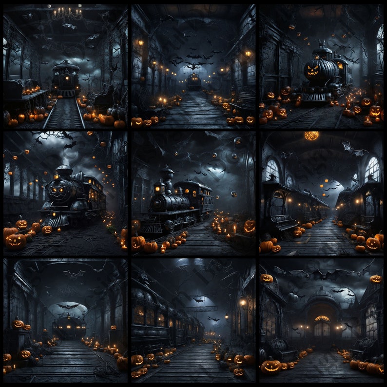 Halloween Backdrop Haunted Train Station: "halloween DIGITAL Backdrop ...
