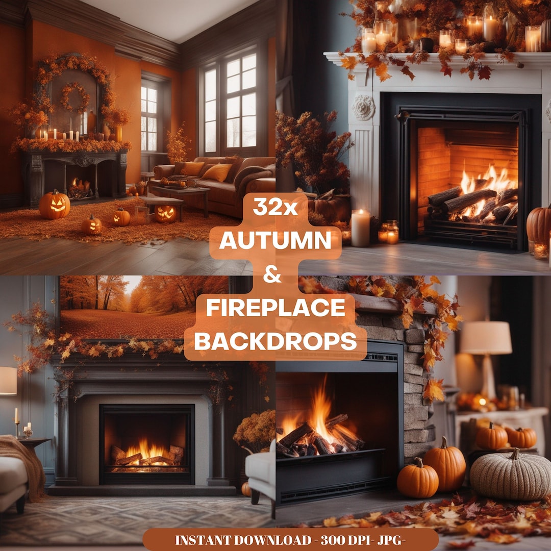 Fireplace Autumn Backdrop: fireplace DIGITAL Backdrop Living Room Cozy ...