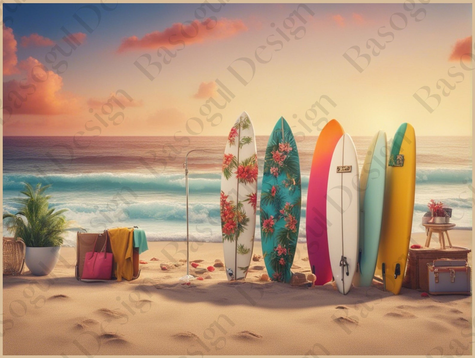 Tropical Beach Digital Backdrop Surf Boards Relaxing Chair Colorful ...