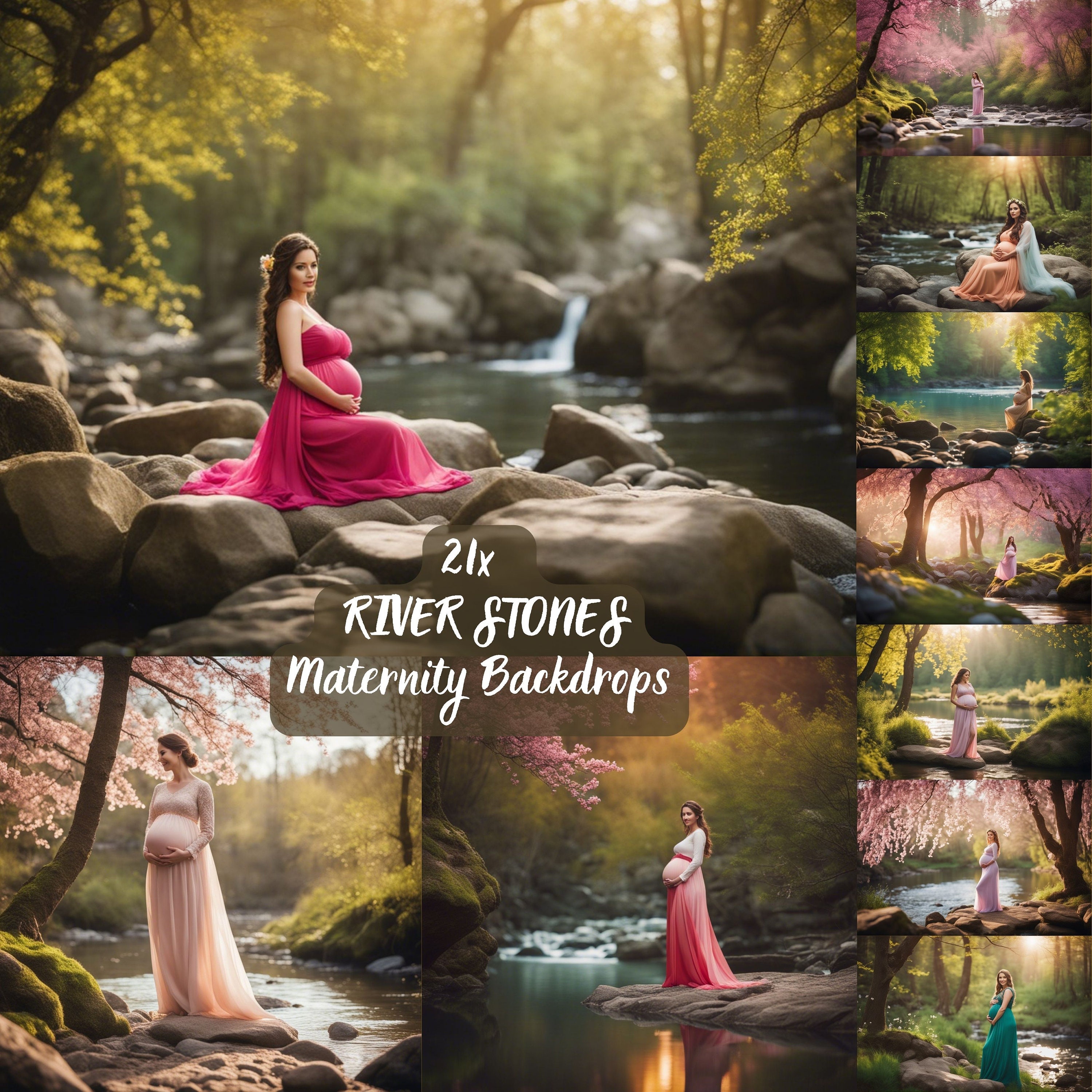 River Stones Maternity Digital Backdrop Photography Background Forest ...
