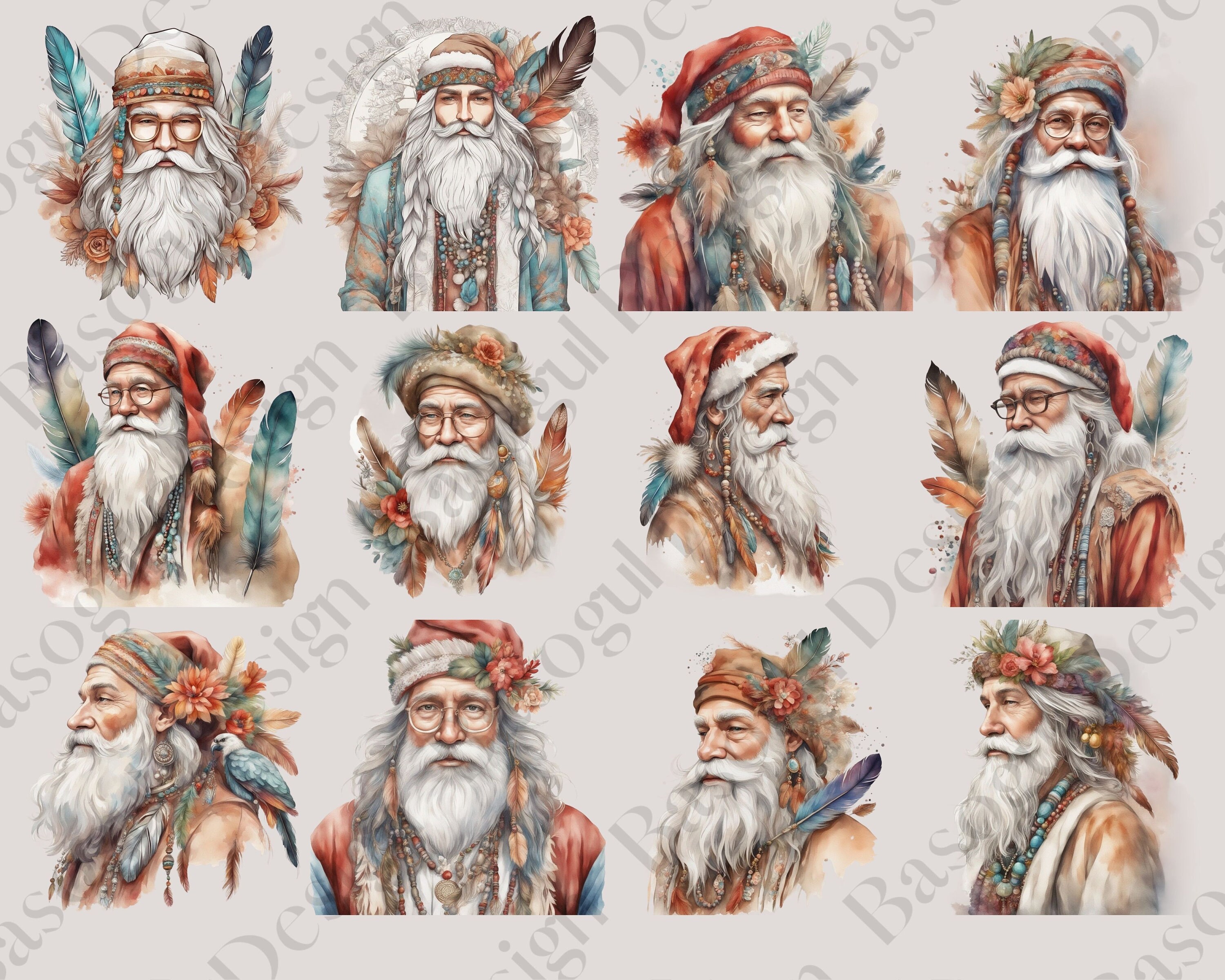 Boho Santa Clipart Watercolor Png: boho SANTA - Etsy