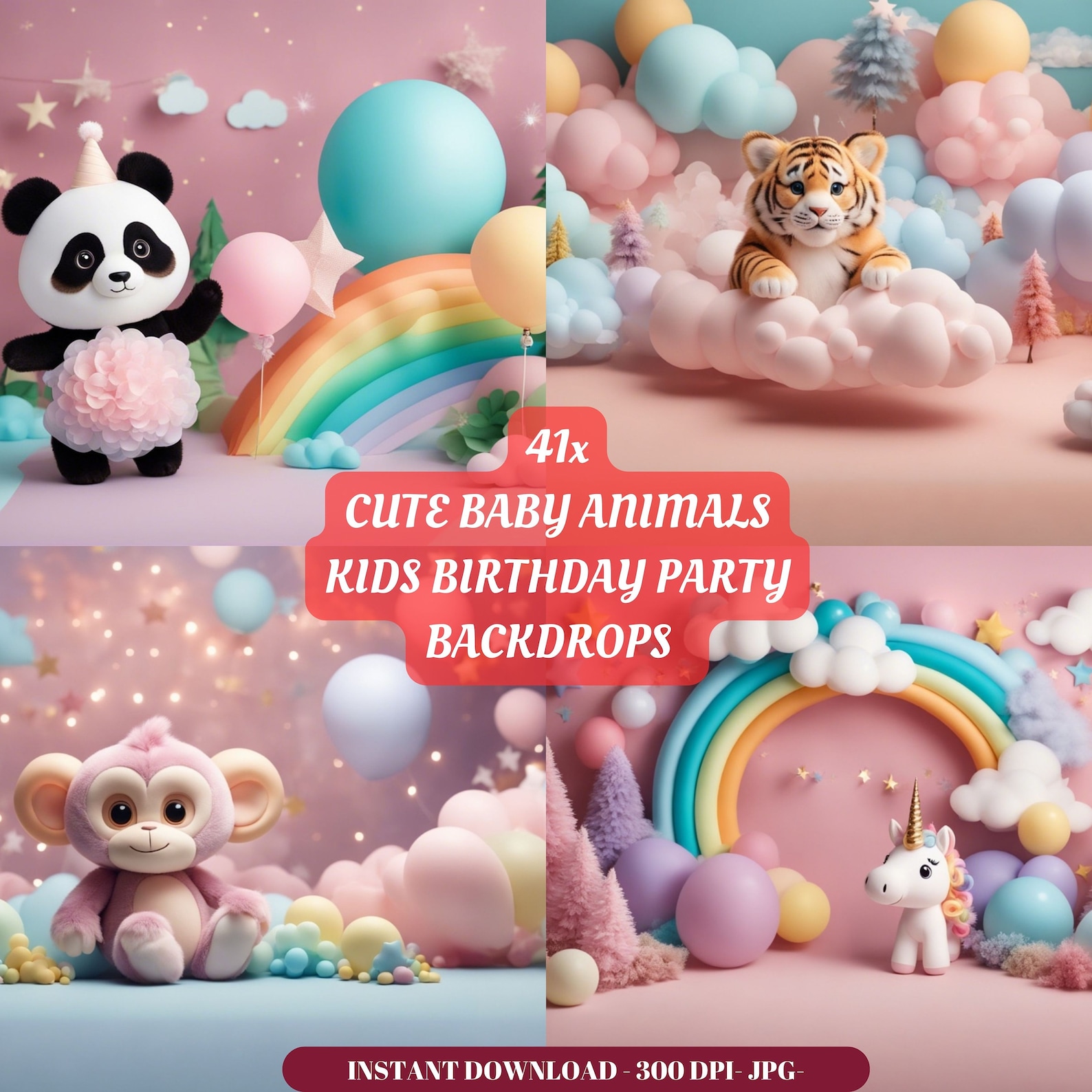 Birthday Party Digital Backdrop Baby Animals Pastel Balloons Backdrop ...