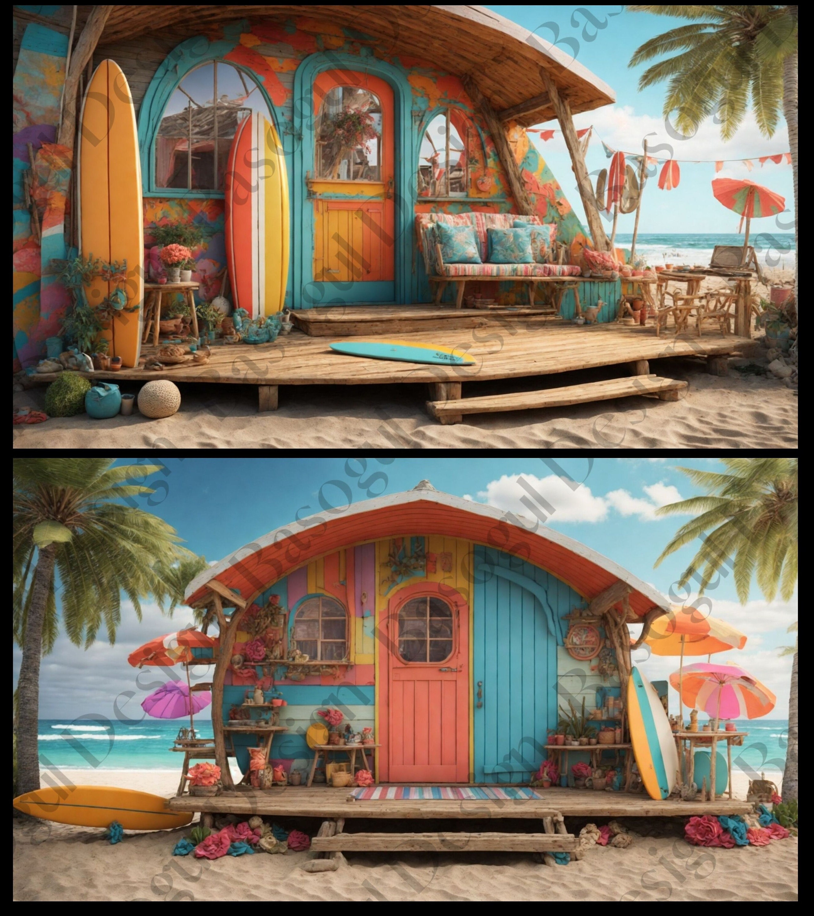 Tropical Beach Digital Backdrop Shuck Surfboard Colorful Summer ...