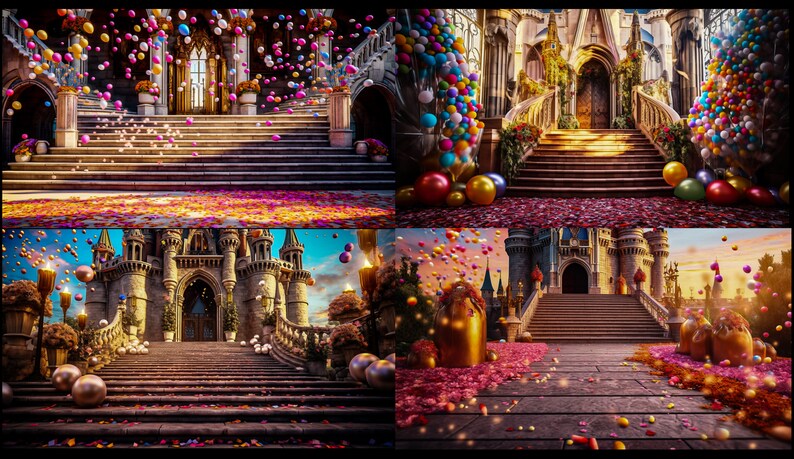 Princess Castle Staircase Backdrop, Colorful Balloons, Castle Stairs ...