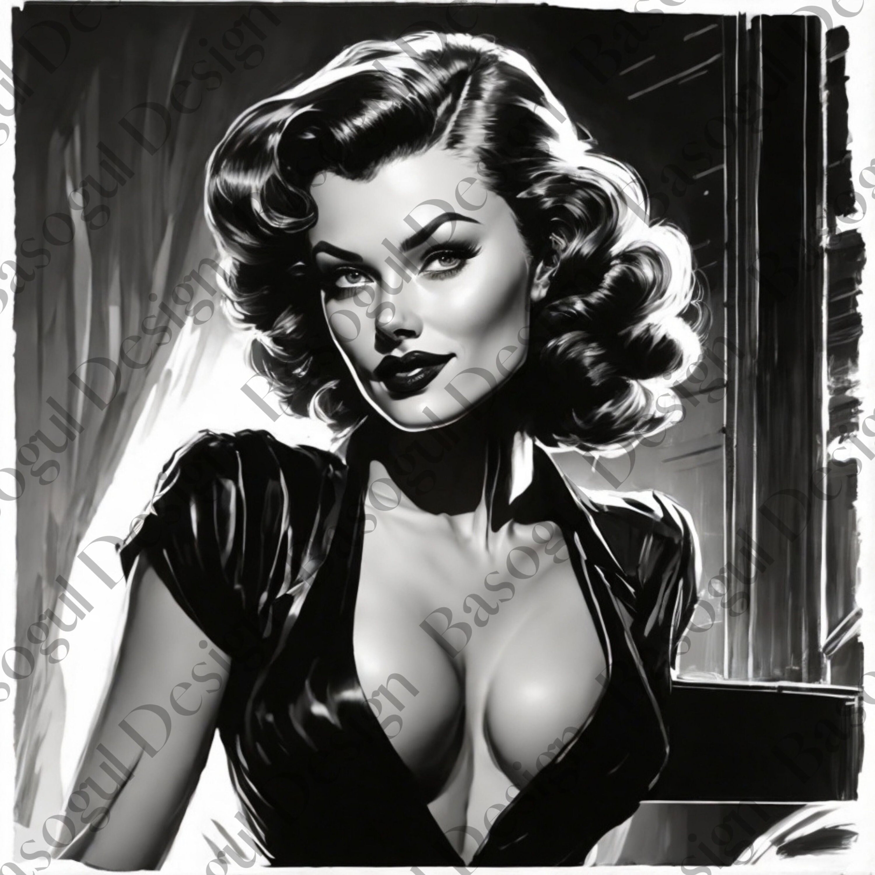 Femme Fatale Woman Clipart Film Noir Black And White Pin Up Etsy