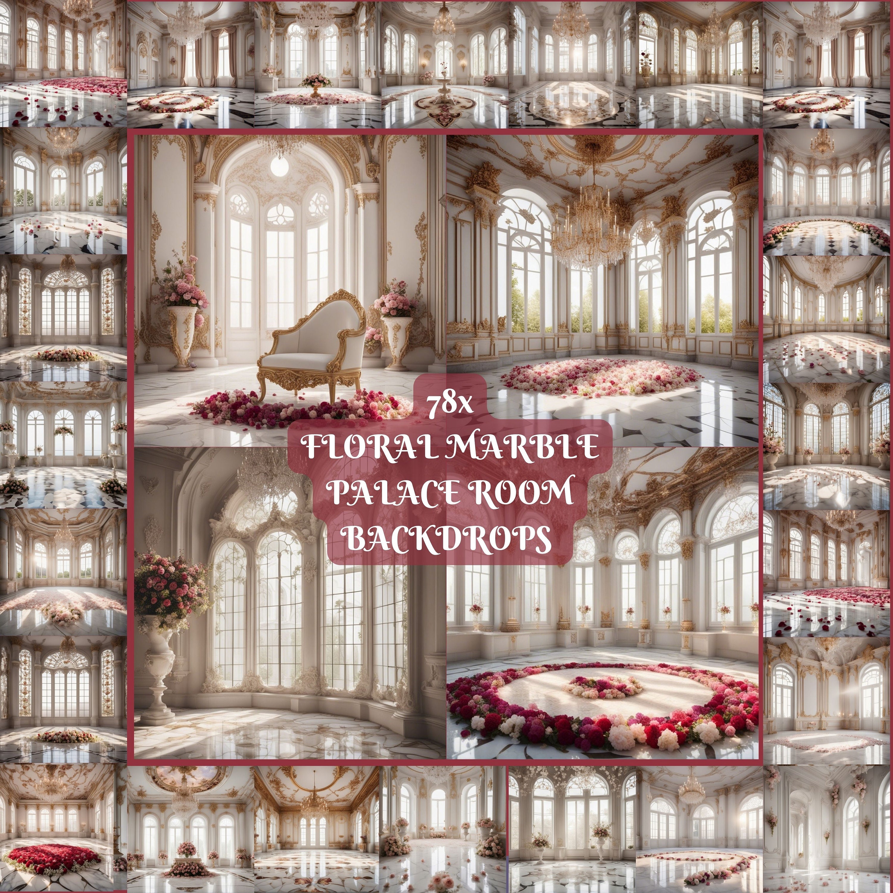Floral Marble Palace Wedding Digital Backdrop Royal Palace Room ...