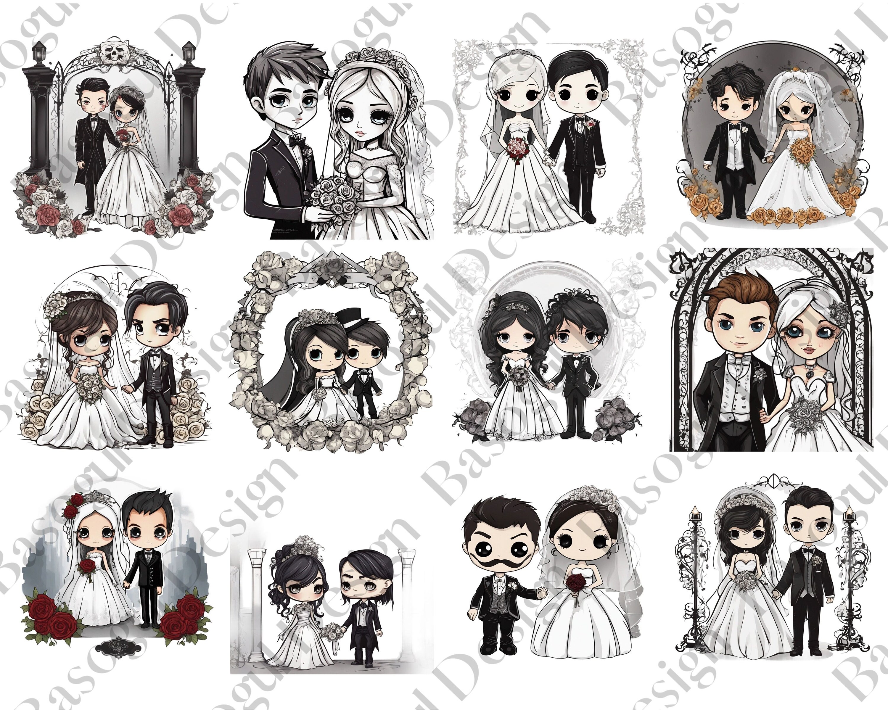 Gothic Chibi Wedding Clipart Gothic Bride Groom Clipart - Etsy