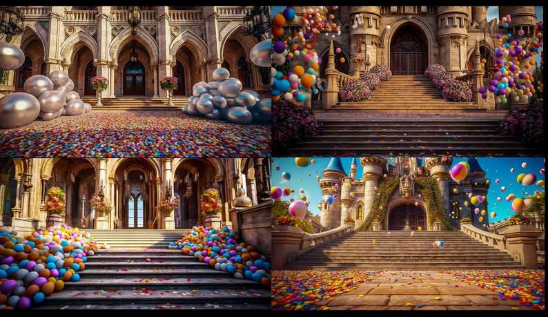 Princess Castle Staircase Backdrop, Colorful Balloons, Castle Stairs ...