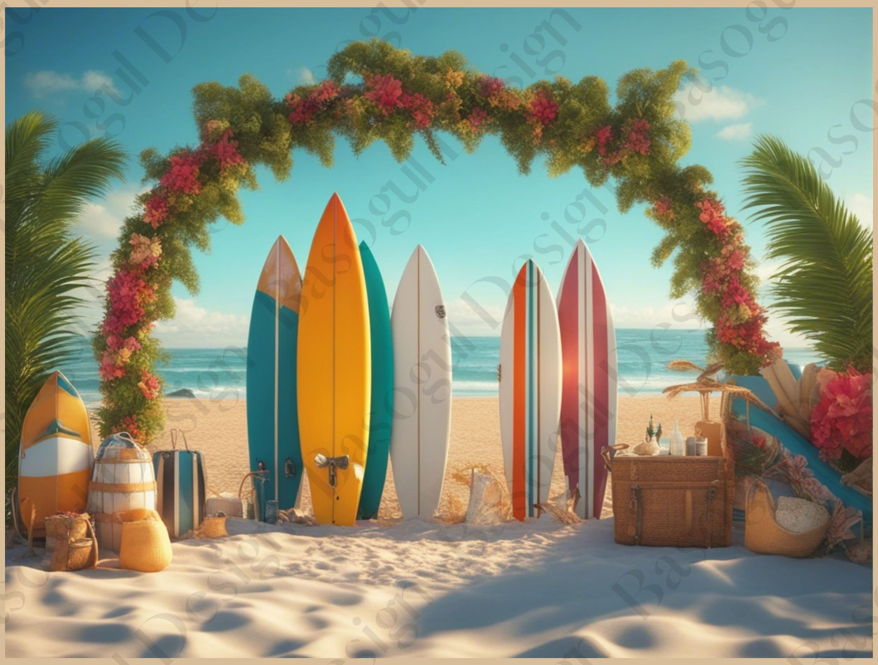 Tropical Beach Digital Backdrop Surf Boards Relaxing Chair Colorful ...