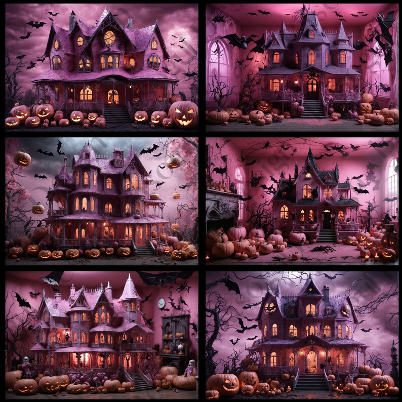 Halloween Backdrop Pink Haunted House Party Decor Kids Digital ...