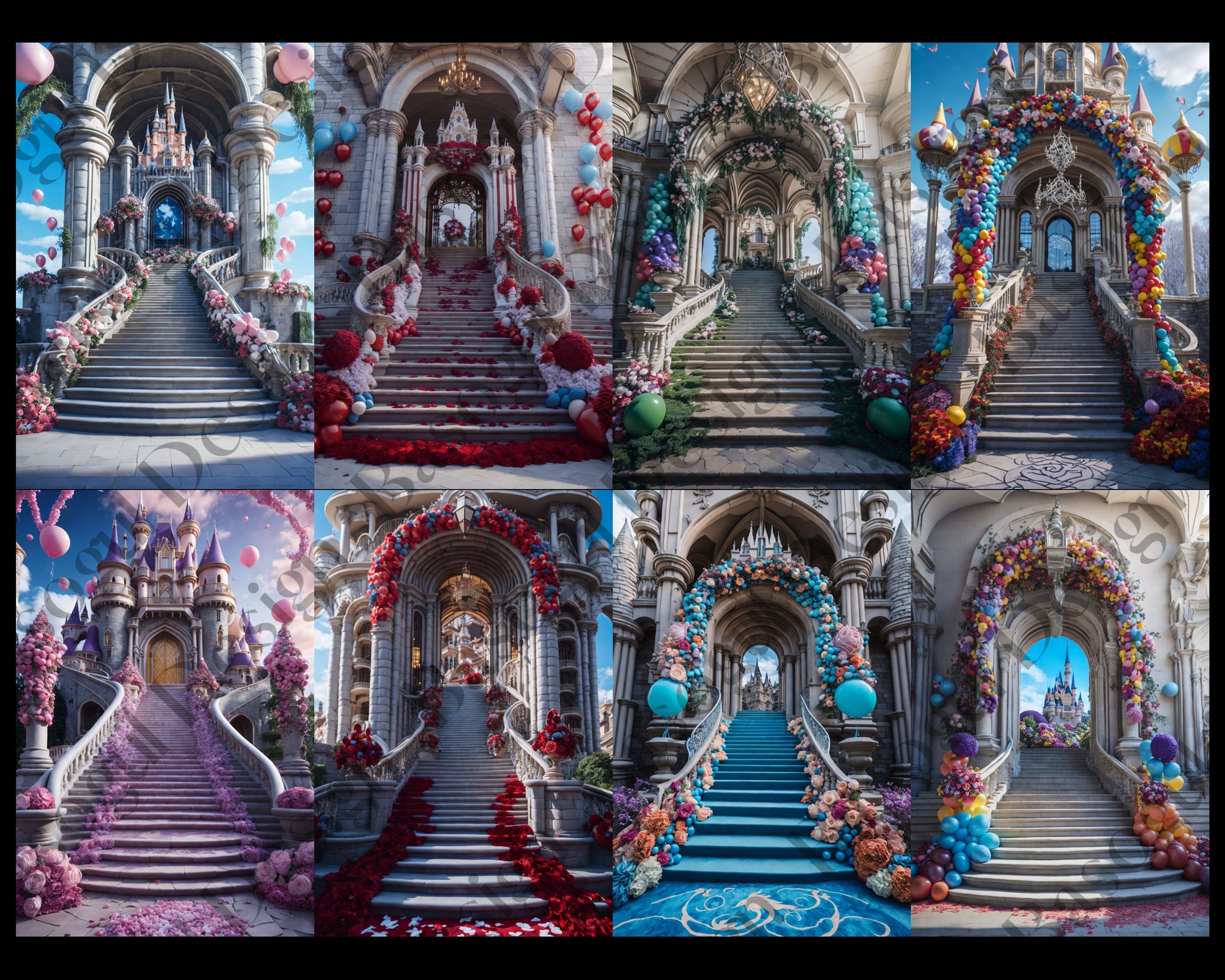 Princess Castle Staircase Backdrop, Palace, Balloons, Portrait Digital ...
