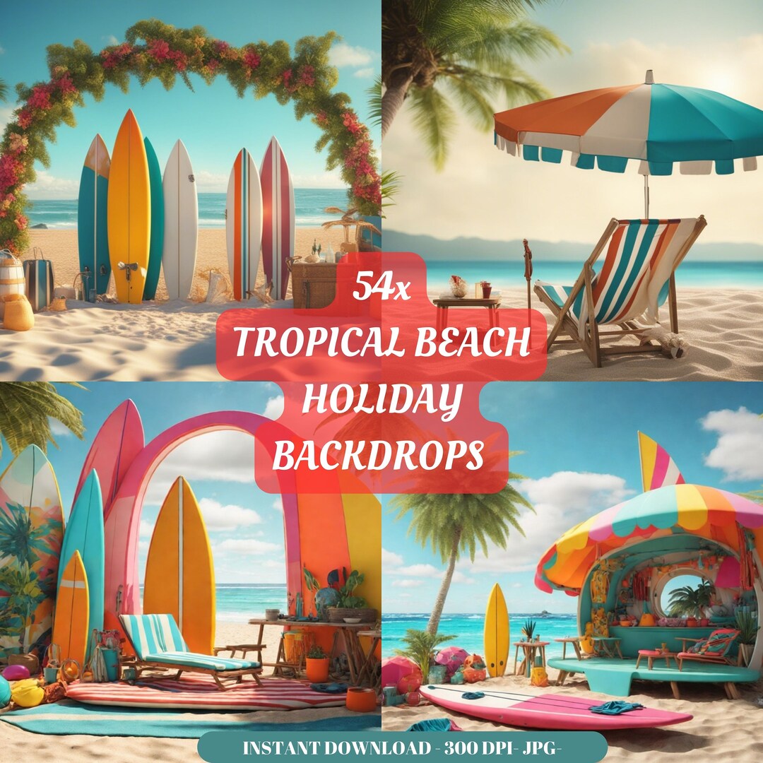 Tropical Beach Digital Backdrop Surf Boards Relaxing Chair Colorful ...