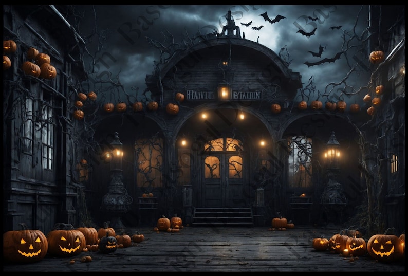 Halloween Backdrop Haunted Train Station: "halloween DIGITAL Backdrop ...