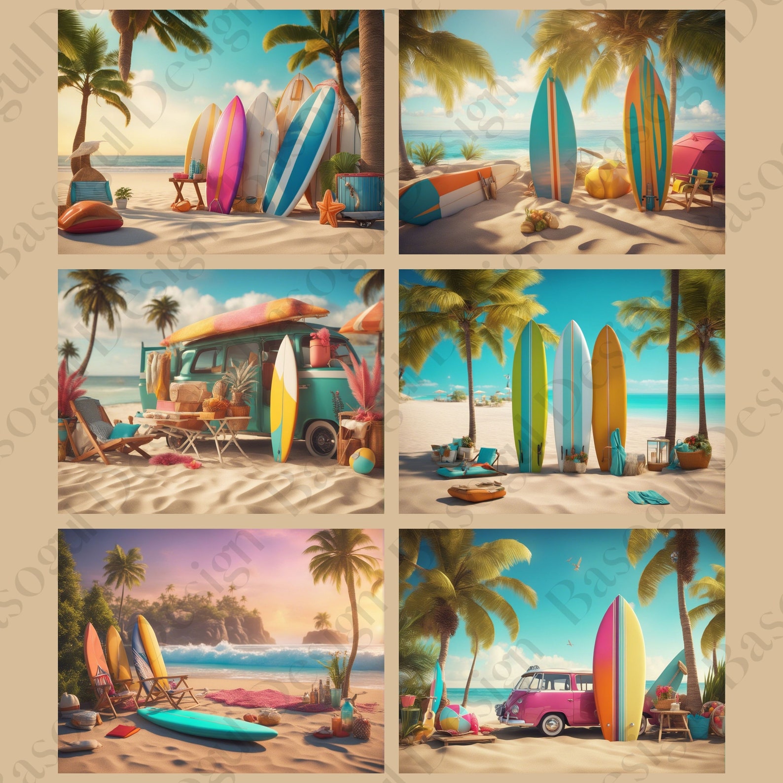 Tropical Beach Digital Backdrop Surf Boards Relaxing Chair Colorful ...