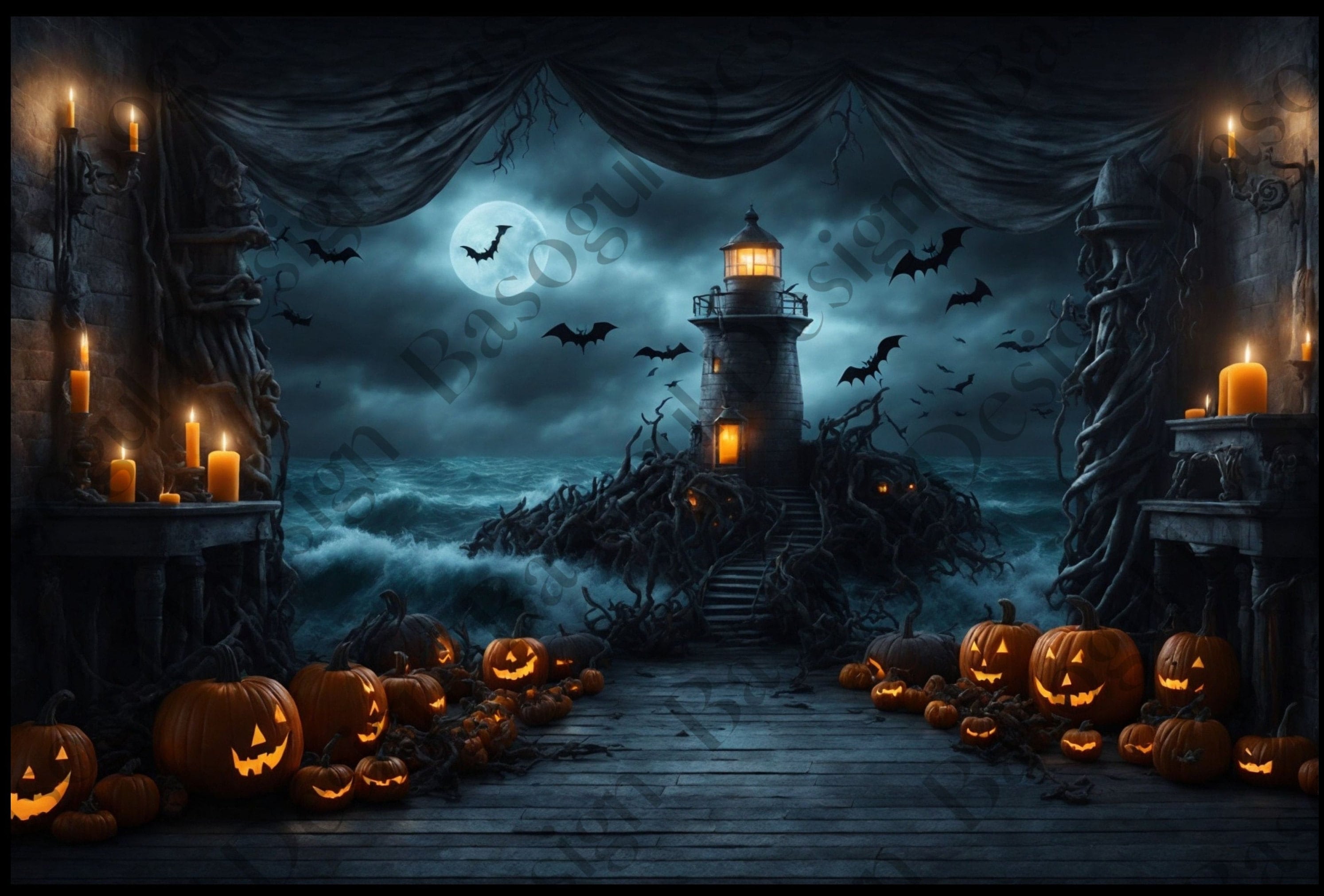Halloween Backdrop Haunted Lighthouse: "halloween DIGITAL Backdrop" Bat ...