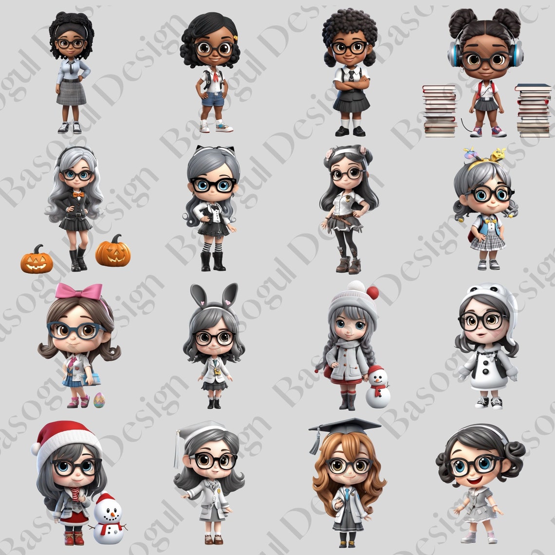 Nerd Chibi Girl Clipart Png: chibi GIRL Clipart Printable Clipart Black ...