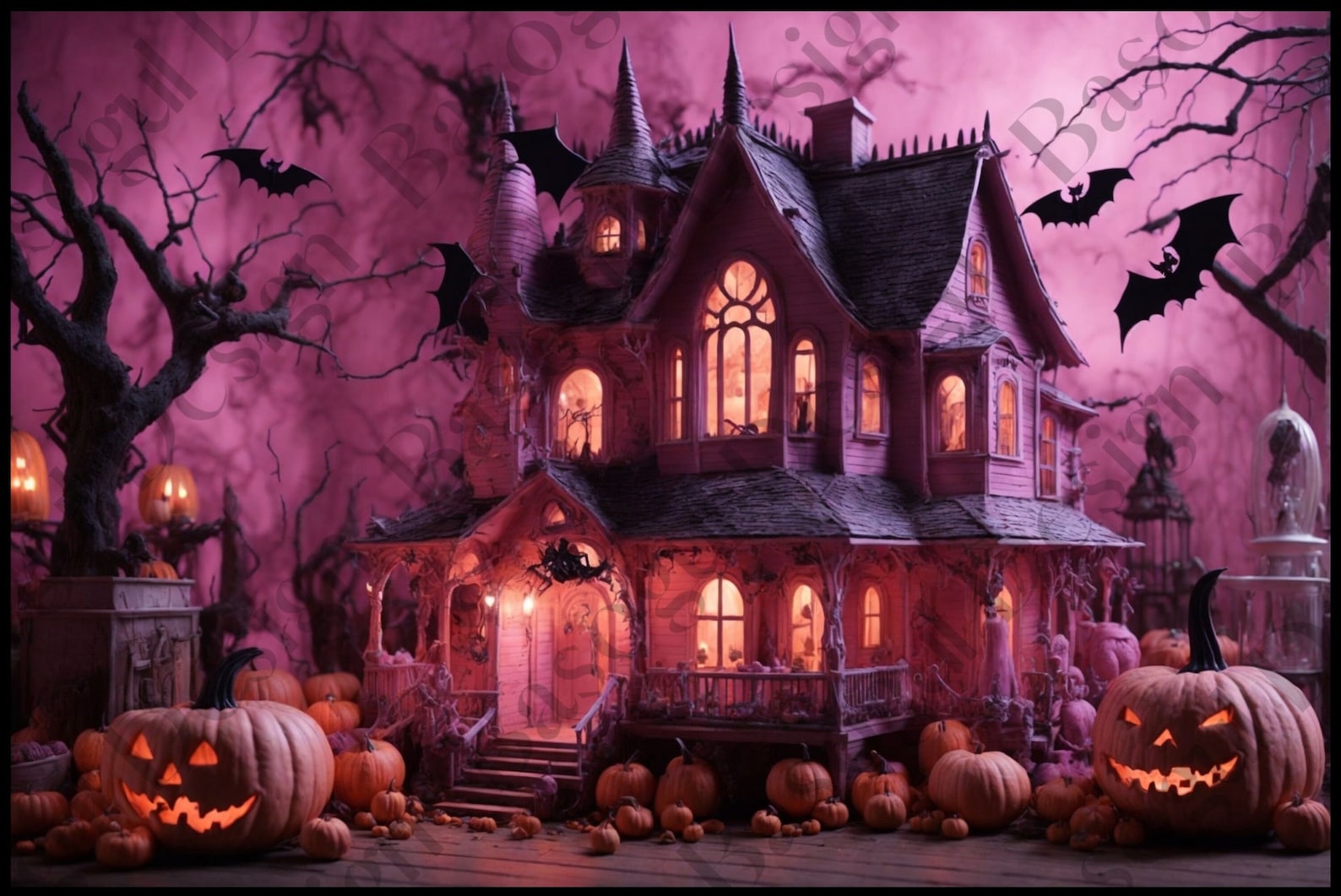 Halloween Backdrop Pink Haunted House Party Decor Kids Digital ...