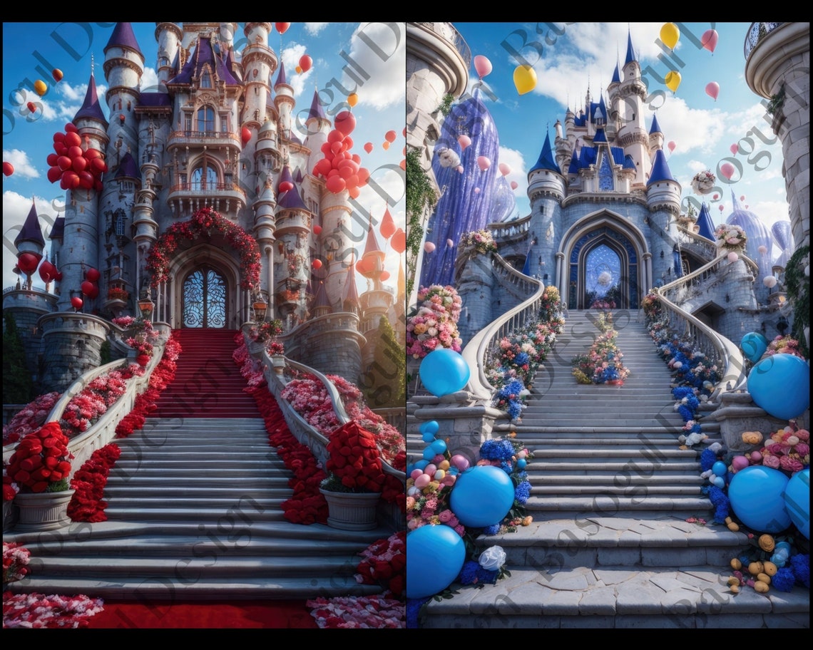 Princess Castle Staircase Backdrop, Palace, Balloons, Portrait Digital ...