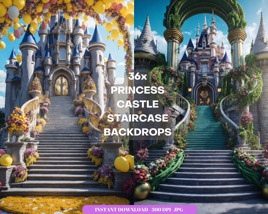 Princess Castle Staircase Backdrop, Palace, Balloons, Portrait Digital ...
