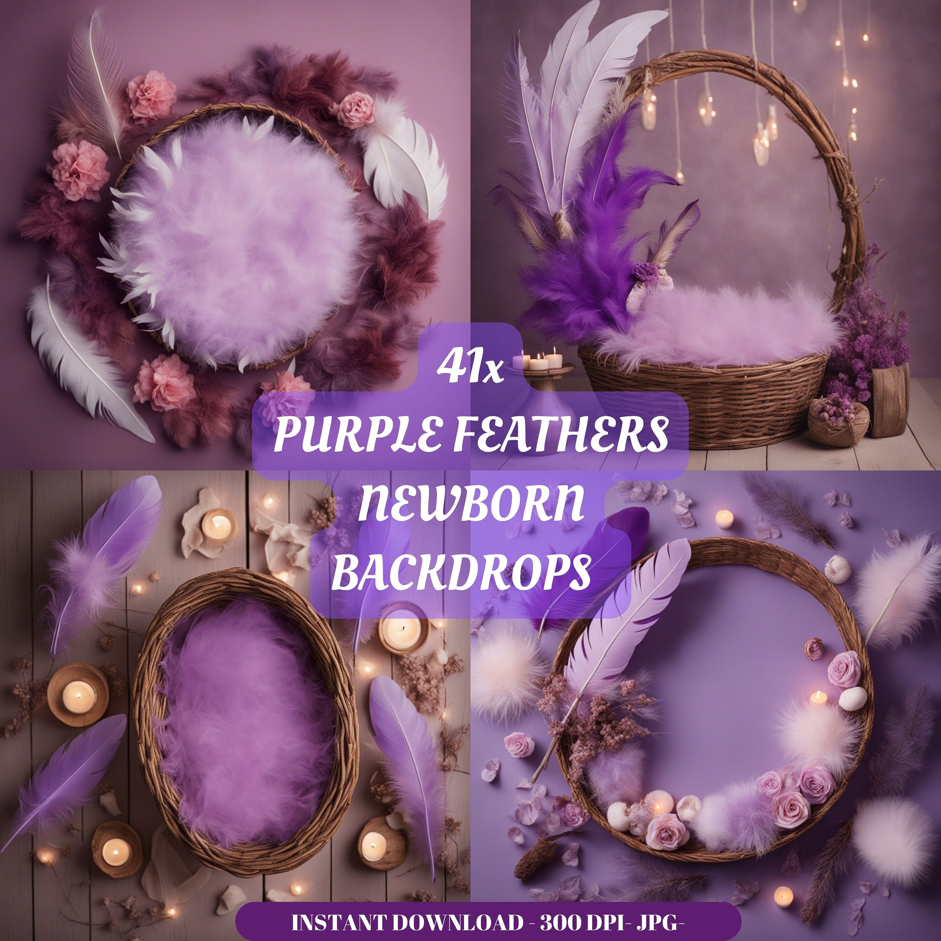 Purple Feathers Newborn Digital Backdrop Photography Background Newborn ...