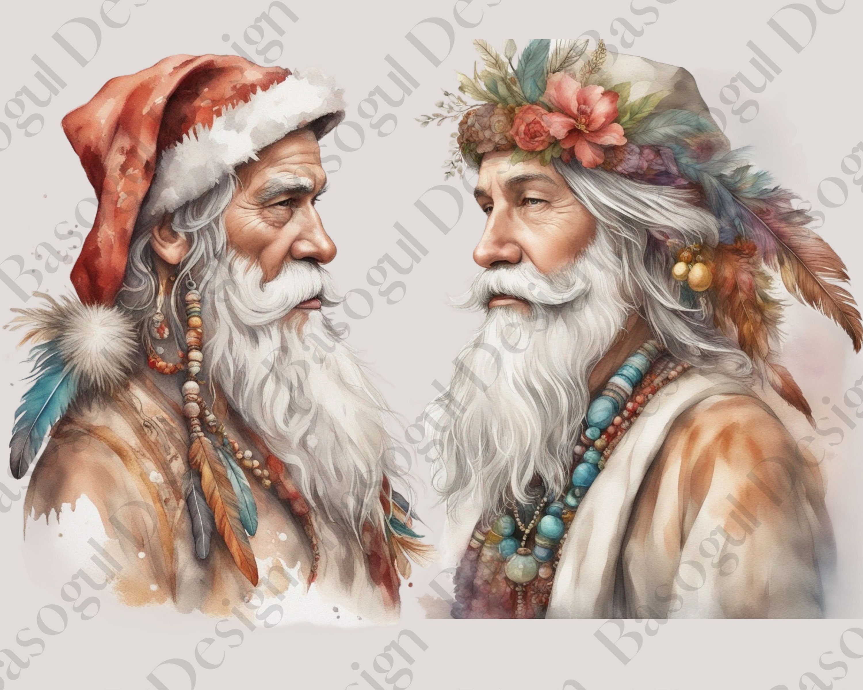 Boho Santa Clipart Watercolor Png: boho SANTA - Etsy