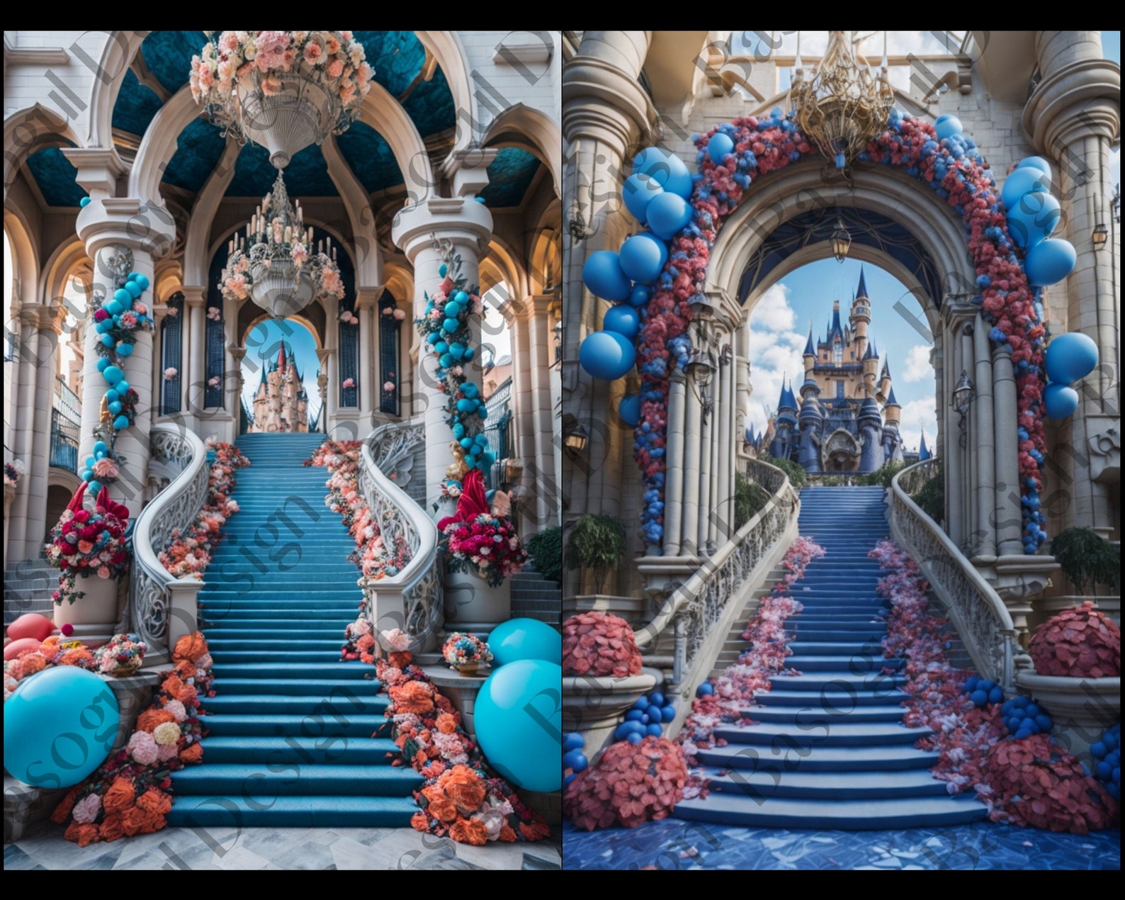Princess Castle Staircase Backdrop, Palace, Balloons, Portrait Digital ...