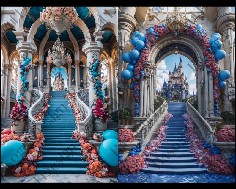 Princess Castle Staircase Backdrop, Palace, Balloons, Portrait Digital ...