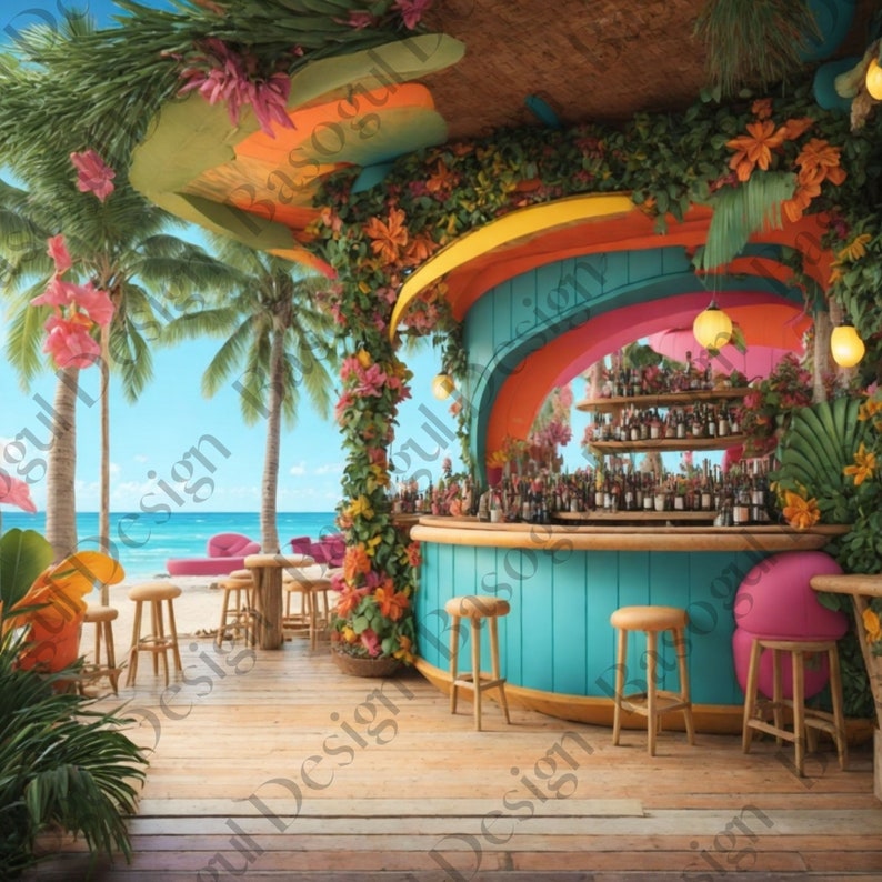 Tropical Beach Bar Digital Backdrop Summer Colorful Holiday Props ...