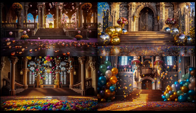 Princess Castle Staircase Backdrop, Colorful Balloons, Castle Stairs ...