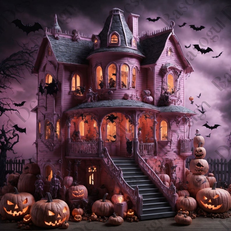 Halloween Backdrop Pink Haunted House Party Decor Kids Digital ...