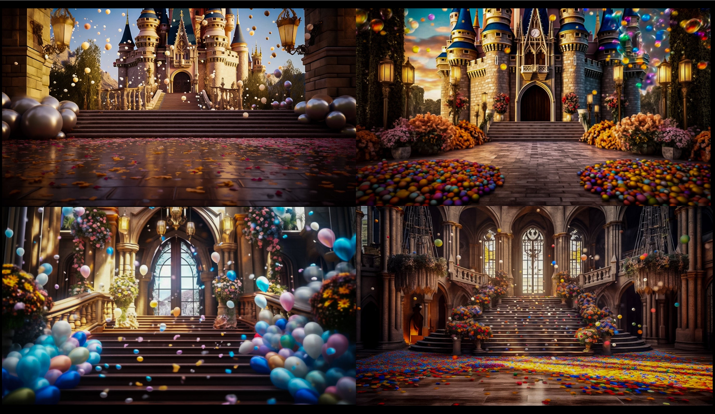 Princess Castle Staircase Backdrop, Colorful Balloons, Castle Stairs ...