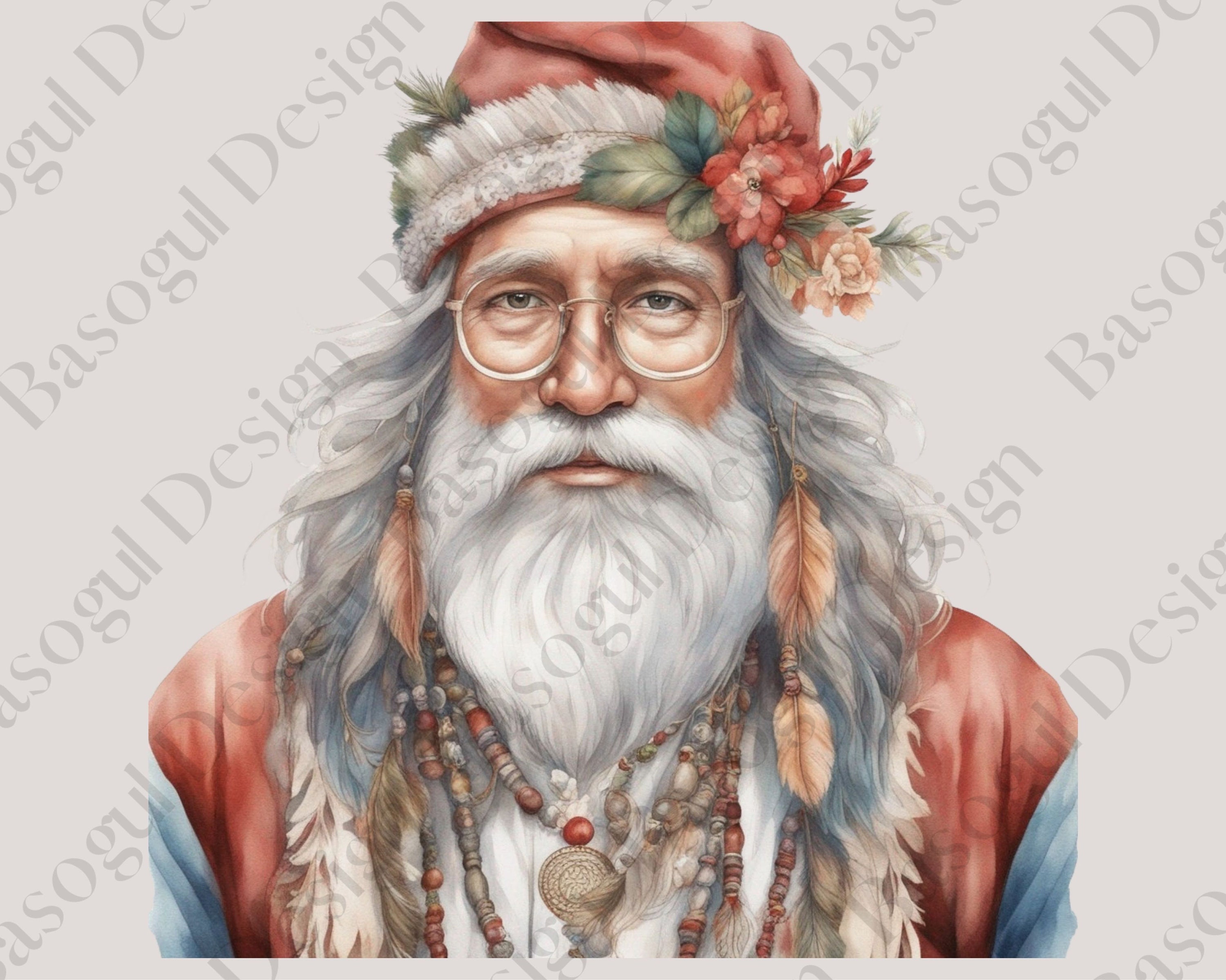 Boho Santa Clipart Watercolor Png: boho SANTA - Etsy