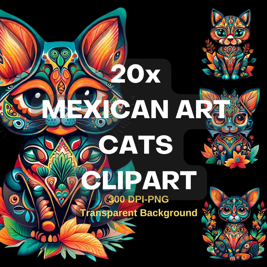 Cat Clipart Mexican Art, Cat Drawing Clipart, Colorful Cat Clipart ...