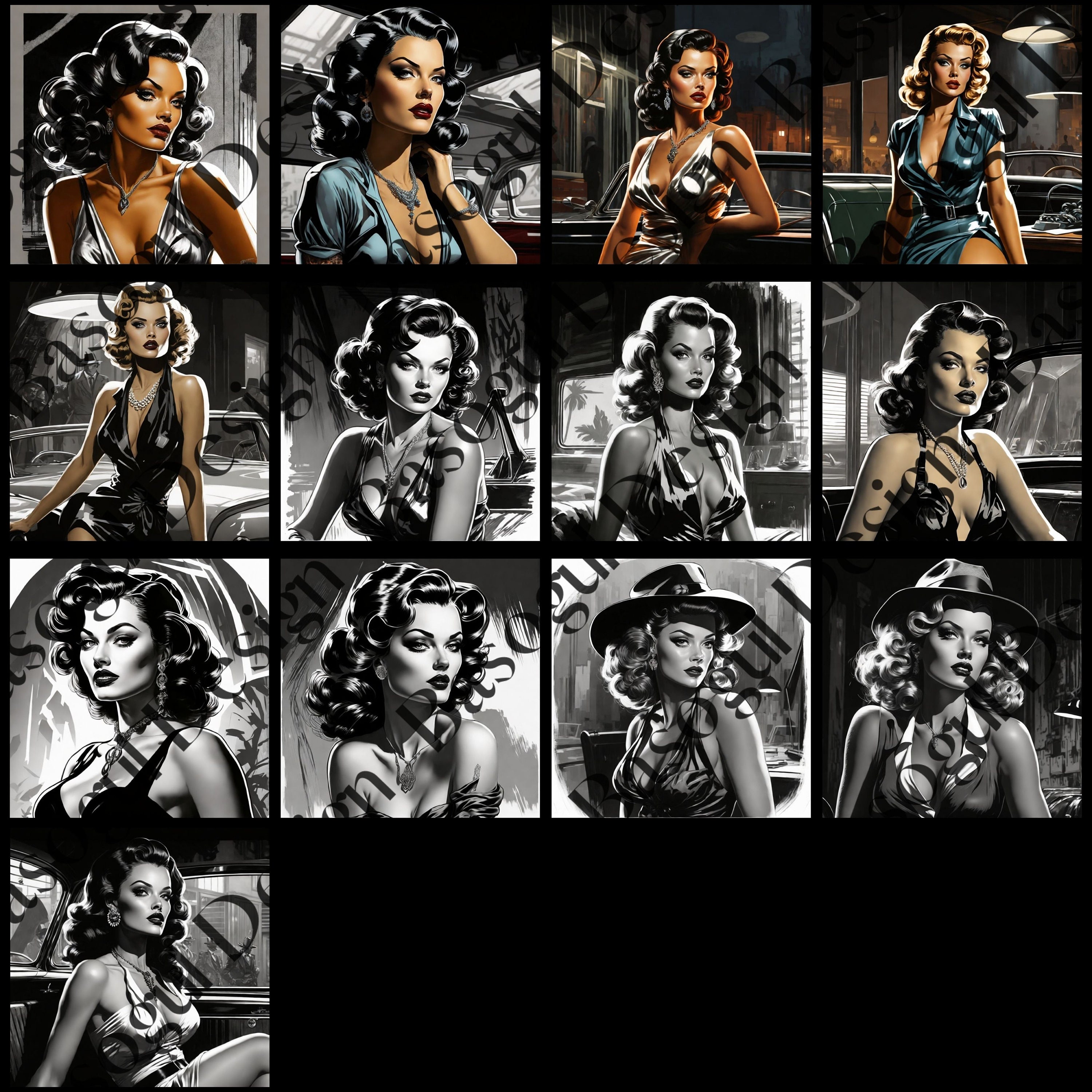 Femme Fatale Woman Clipart Film Noir Black And White Pin Up Etsy