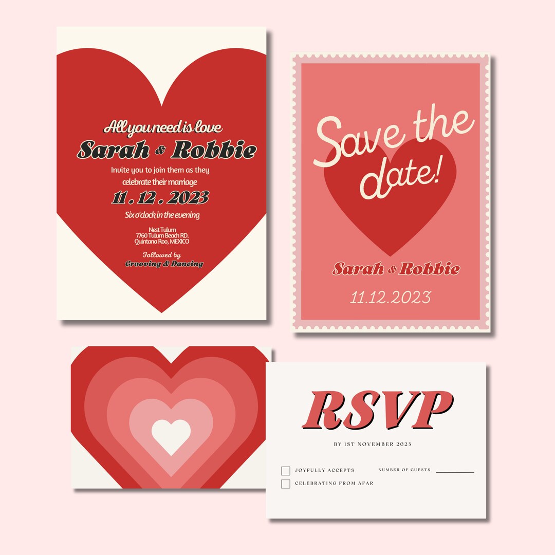Colorful Retro Wedding Invitation Set Retro Wedding Invitation Template ...