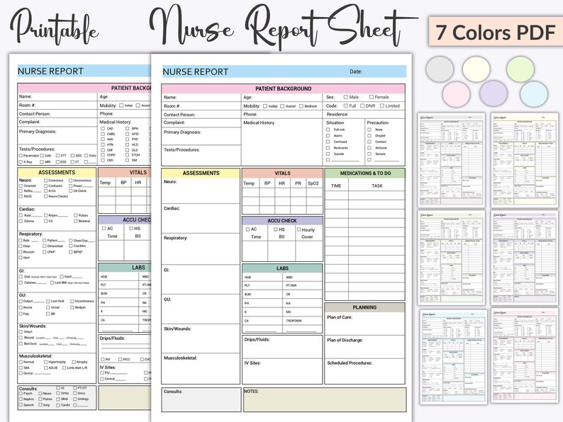 Nursing Report Sheet, Nurse Brain Sheet, Printable Nurse Report Sheet ...