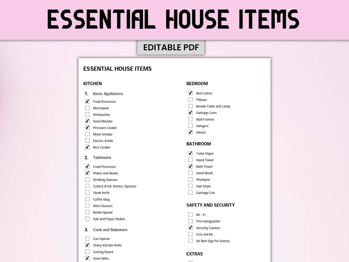 Editable Essentials House Items, Housekeeping Checklist, House ...