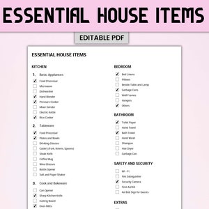 Editable Essentials House Items, Housekeeping Checklist, House ...
