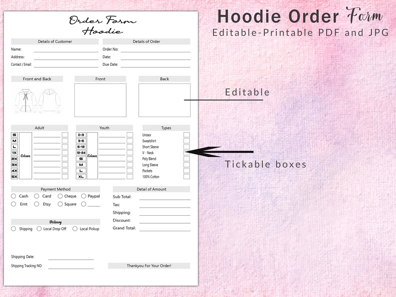 Hoodie Order Form Template, T-shirt Small Business Form, Hoodie Small ...