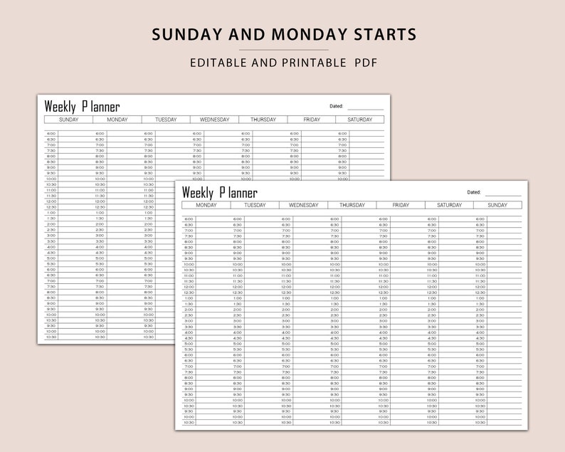Hourly Weekly Schedule Landscape, Week at a Glance, Weekly Agenda, Desk ...