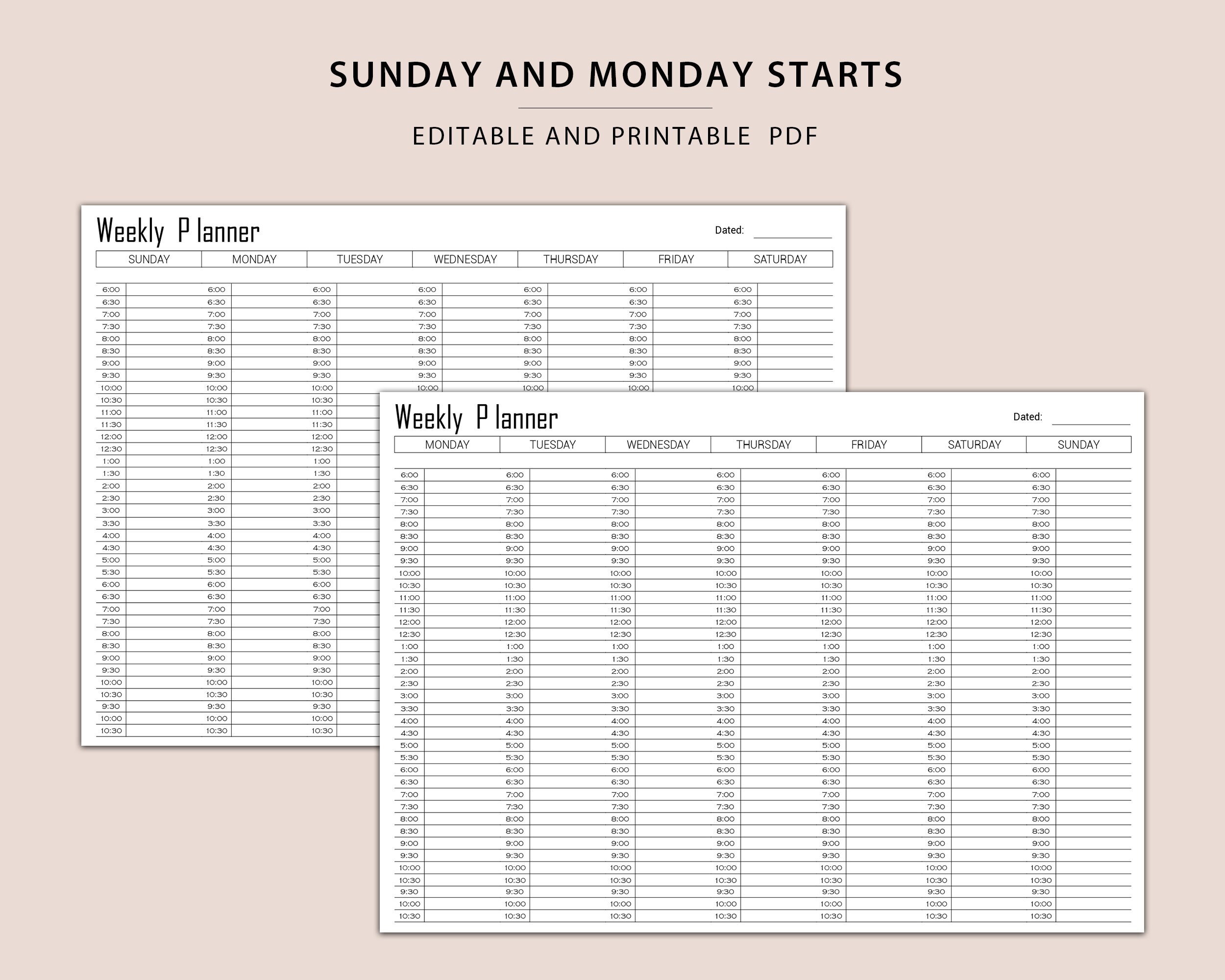 Hourly Weekly Schedule Landscape, Week at a Glance, Weekly Agenda, Desk ...