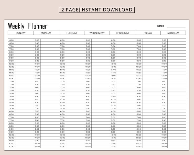 Hourly Weekly Schedule Landscape, Week at a Glance, Weekly Agenda, Desk ...