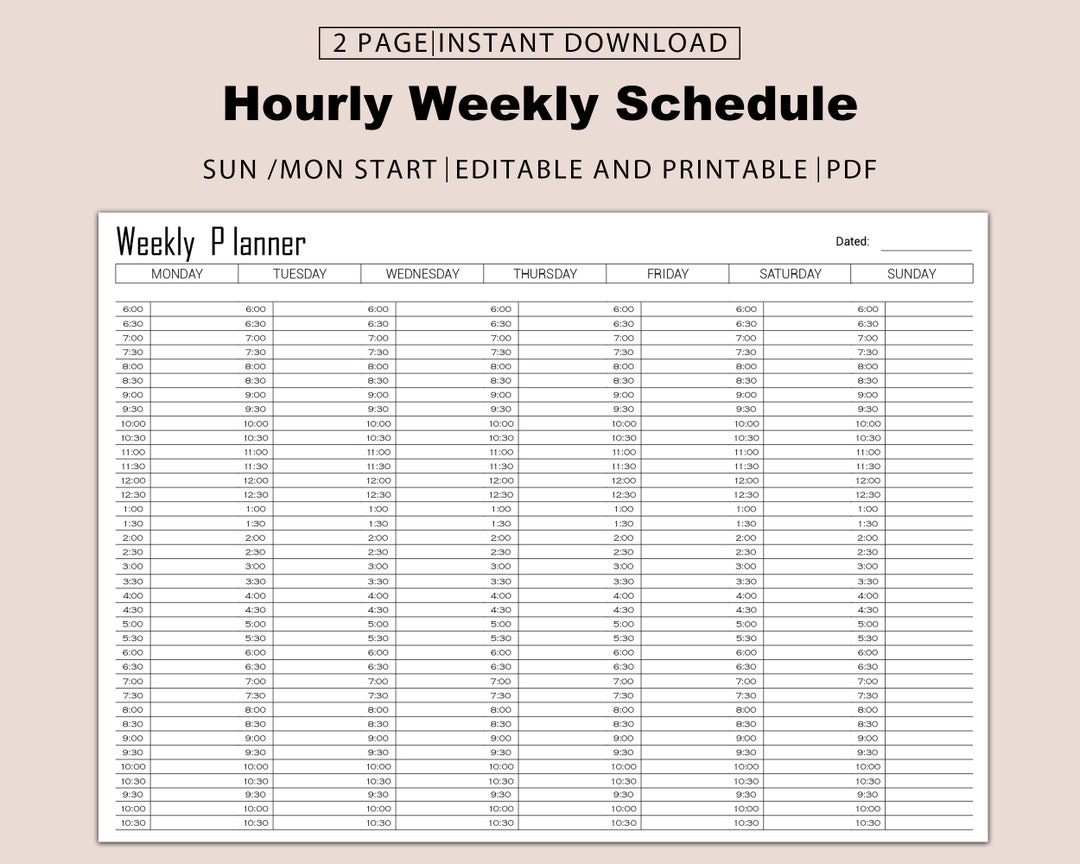 Hourly Weekly Schedule Landscape, Week at a Glance, Weekly Agenda, Desk ...