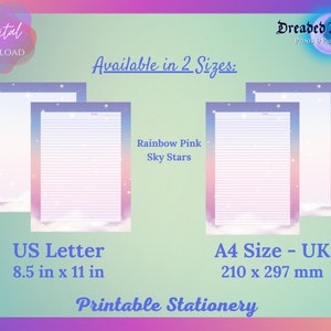 Rainbow Pink Sky Stars Printable Stationery, Digital Download, Writing ...