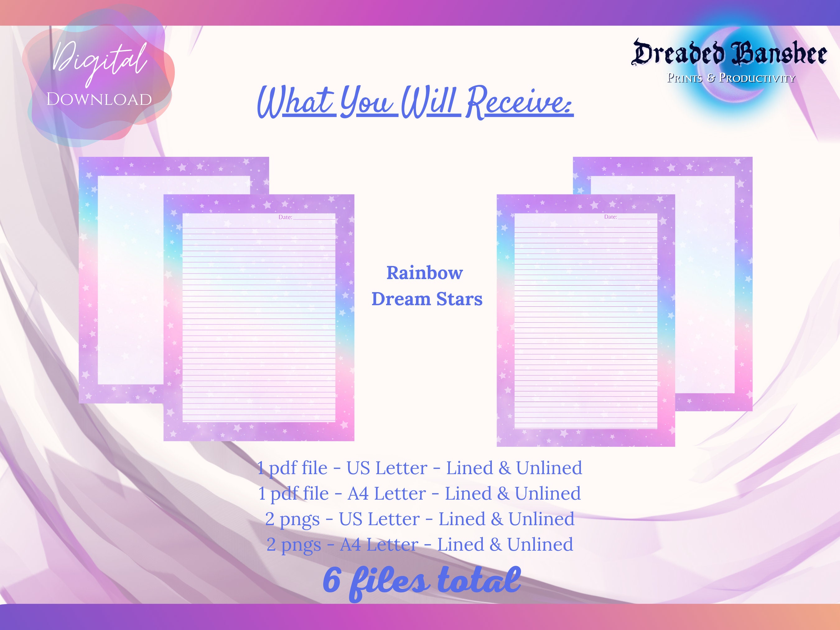 Rainbow Dream Stars Printable Stationery, Digital Download, Writing ...