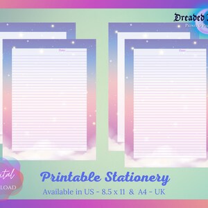 Rainbow Pink Sky Stars Printable Stationery, Digital Download, Writing ...