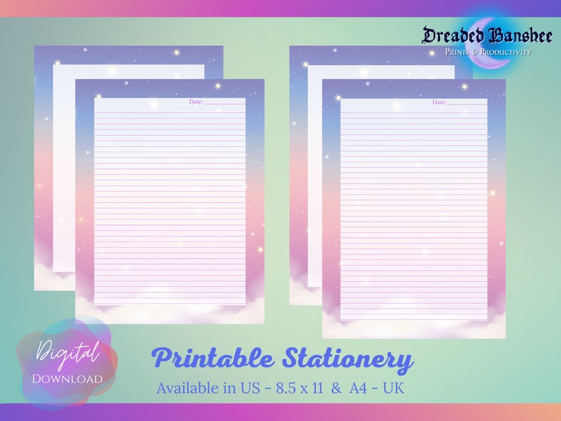 Rainbow Pink Sky Stars Printable Stationery, Digital Download, Writing ...
