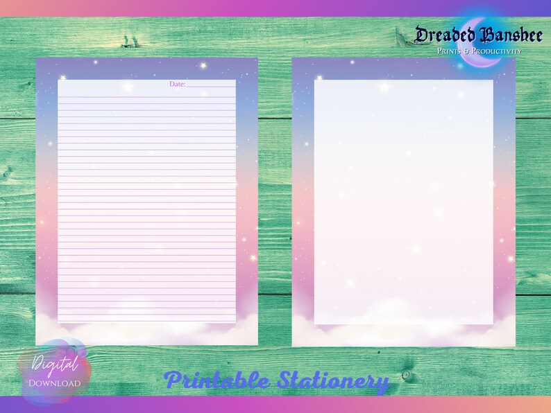 Rainbow Pink Sky Stars Printable Stationery, Digital Download, Writing ...
