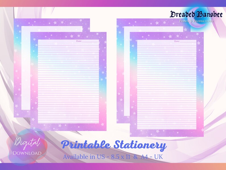 Rainbow Dream Stars Printable Stationery, Digital Download, Writing ...